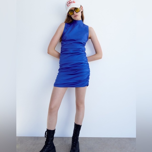 Zara | Dresses | Zara Dress Mini Cobalt Blue Ruched Stretch Poplin Mini ...